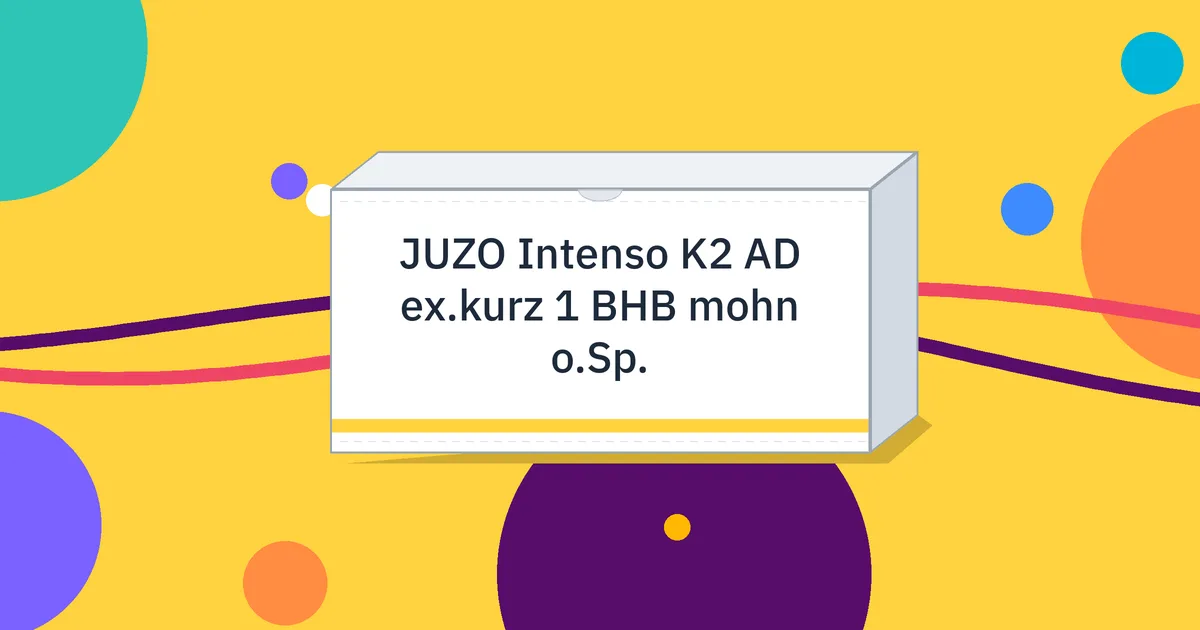 Symbolbild: Packung mit der Aufschrift JUZO Intenso K2 AD ex.kurz 1 BHB mohn o.Sp. (PZN 18625829) – Verfügbarkeit und Bezug in Apotheken in Frankfurt am Main