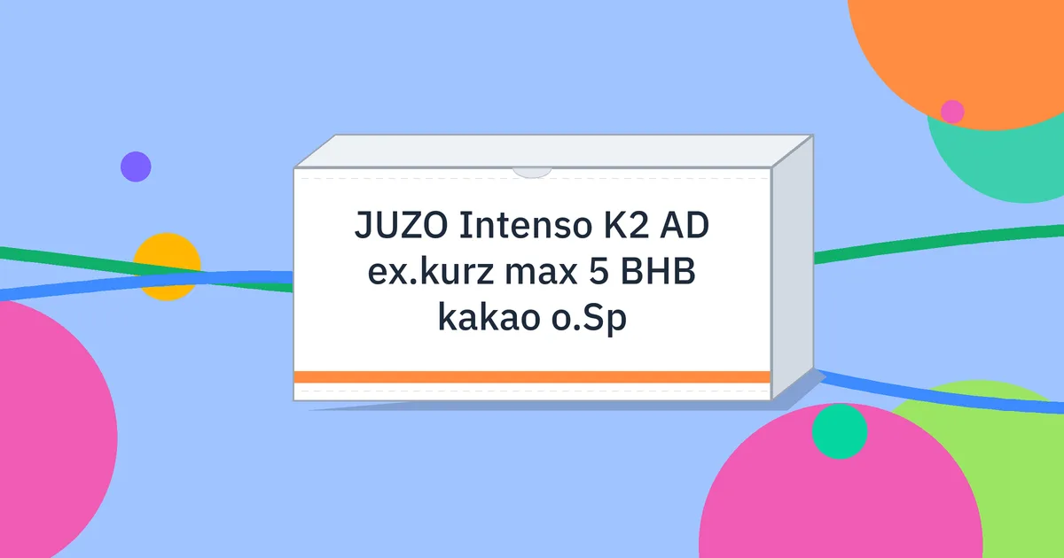 Symbolbild: Packung mit der Aufschrift JUZO Intenso K2 AD ex.kurz max 5 BHB kakao o.Sp (PZN 18624741) – Verfügbarkeit und Bezug in Apotheken in Frankfurt am Main