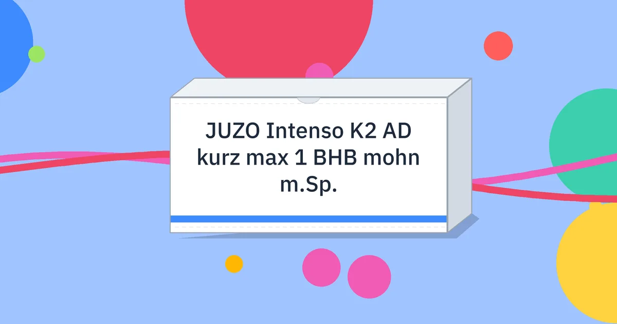 Symbolbild: Packung mit der Aufschrift JUZO Intenso K2 AD kurz max 1 BHB mohn m.Sp. (PZN 18615854) – Verfügbarkeit und Bezug in Apotheken in Frankfurt am Main