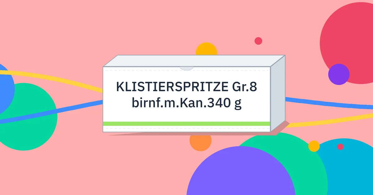 Symbolbild: Packung mit der Aufschrift KLISTIERSPRITZE Gr.8 birnf.m.Kan.340 g (PZN 03186519) – Verfügbarkeit und Bezug in Apotheken in Frankfurt am Main