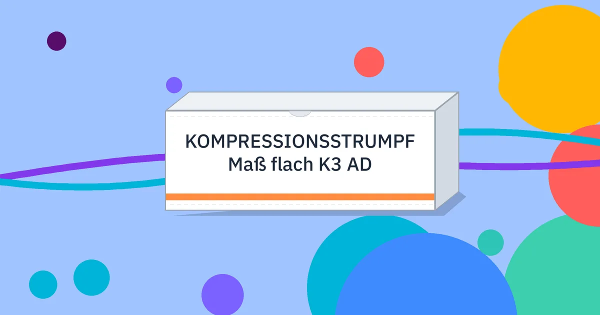Symbolbild: Packung mit der Aufschrift KOMPRESSIONSSTRUMPF Maß flach K3 AD (PZN 16744955) – Verfügbarkeit und Bezug in Apotheken in Frankfurt am Main