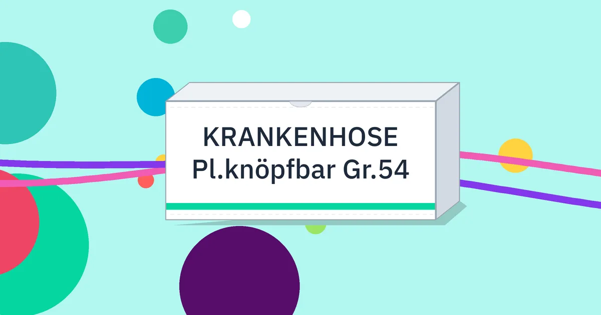 Symbolbild: Packung mit der Aufschrift KRANKENHOSE Pl.knöpfbar Gr.54 (PZN 01979581) – Verfügbarkeit und Bezug in Apotheken in Frankfurt am Main
