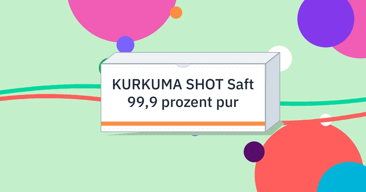 Symbolbild: Packung mit der Aufschrift KURKUMA SHOT Saft 99,9 prozent pur (PZN 18470226) – Verfügbarkeit und Bezug in Apotheken in Frankfurt am Main