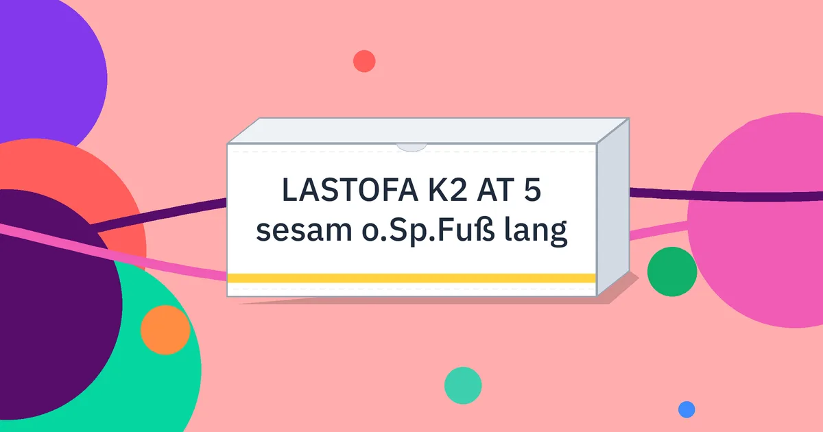 Symbolbild: Packung mit der Aufschrift LASTOFA K2 AT 5 sesam o.Sp.Fuß lang (PZN 14151872) – Verfügbarkeit und Bezug in Apotheken in Frankfurt am Main