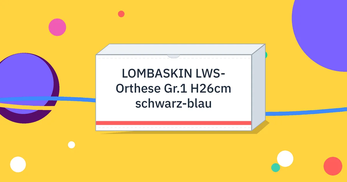 Symbolbild: Packung mit der Aufschrift LOMBASKIN LWS-Orthese Gr.1 H26cm schwarz-blau (PZN 18602840) – Verfügbarkeit und Bezug in Apotheken in Frankfurt am Main
