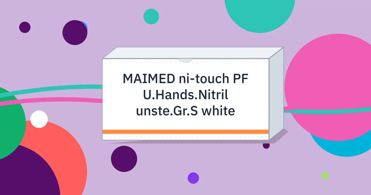 Symbolbild: Packung mit der Aufschrift MAIMED ni-touch PF U.Hands.Nitril unste.Gr.S white (PZN 19775028) – Verfügbarkeit und Bezug in Apotheken in Frankfurt am Main