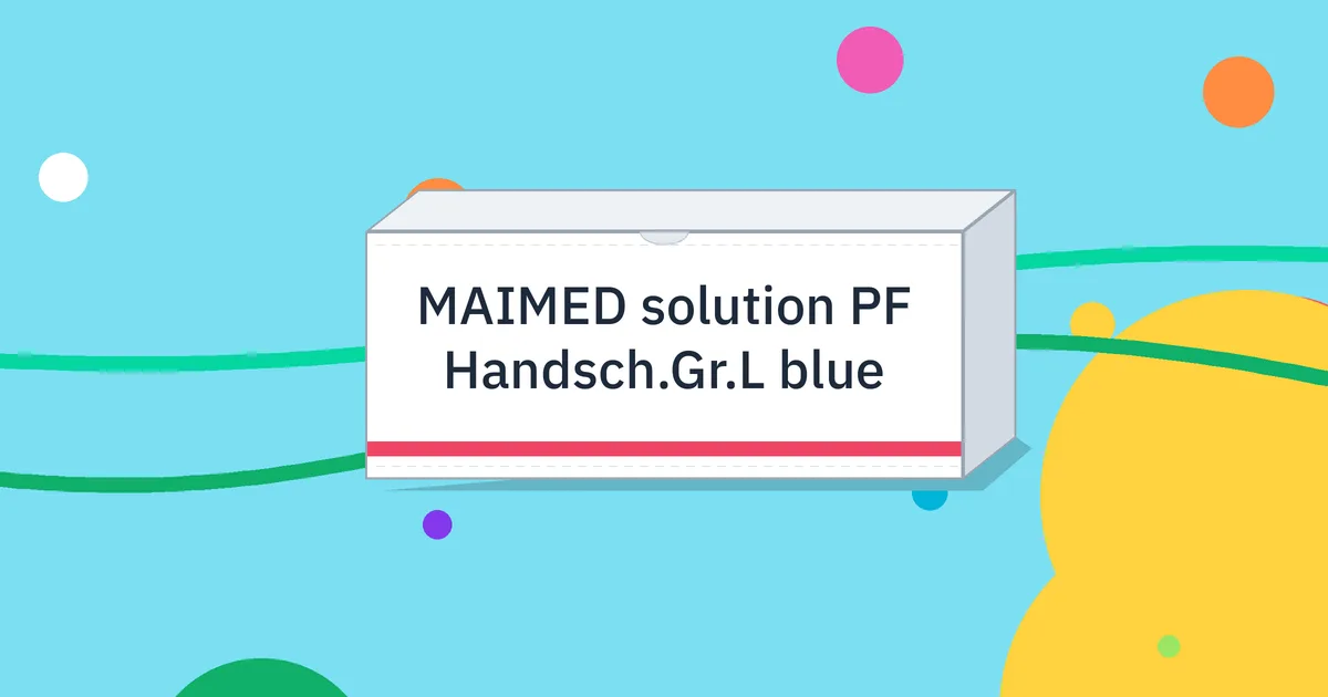 Symbolbild: Packung mit der Aufschrift MAIMED solution PF Handsch.Gr.L blue (PZN 07764893) – Verfügbarkeit und Bezug in Apotheken in Frankfurt am Main