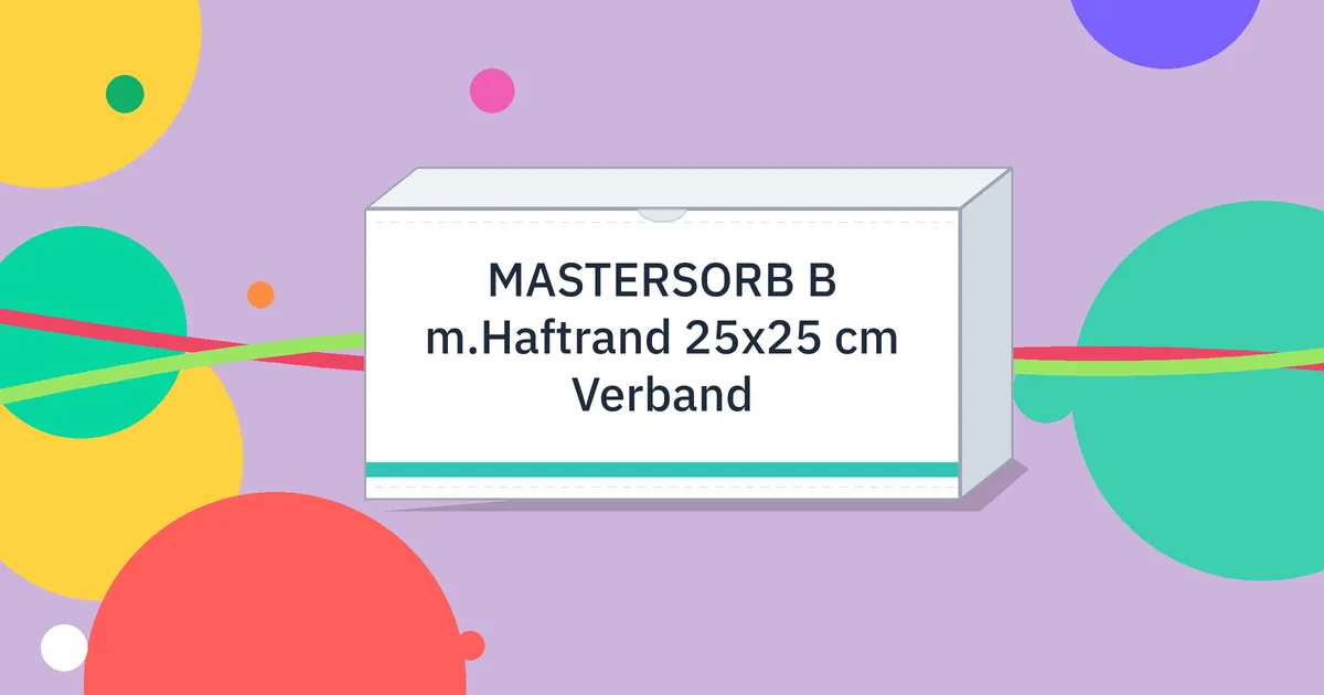 Symbolbild: Packung mit der Aufschrift MASTERSORB B m.Haftrand 25x25 cm Verband (PZN 20390954) – Verfügbarkeit und Bezug in Apotheken in Frankfurt am Main