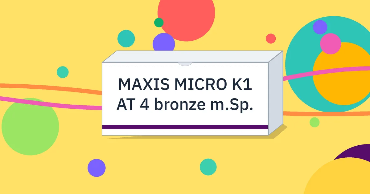 Symbolbild: Packung mit der Aufschrift MAXIS MICRO K1 AT 4 bronze m.Sp. (PZN 17671402) – Verfügbarkeit und Bezug in Apotheken in Frankfurt am Main