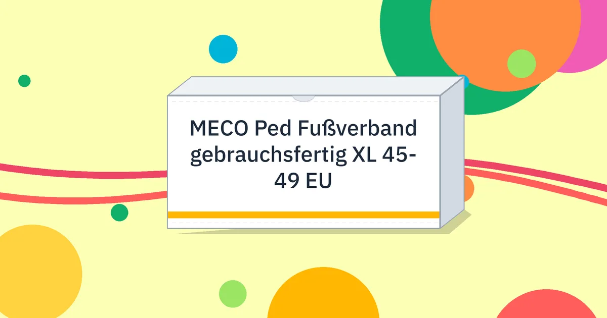 Symbolbild: Packung mit der Aufschrift MECO Ped Fußverband gebrauchsfertig XL 45-49 EU (PZN 20130058) – Verfügbarkeit und Bezug in Apotheken in Frankfurt am Main