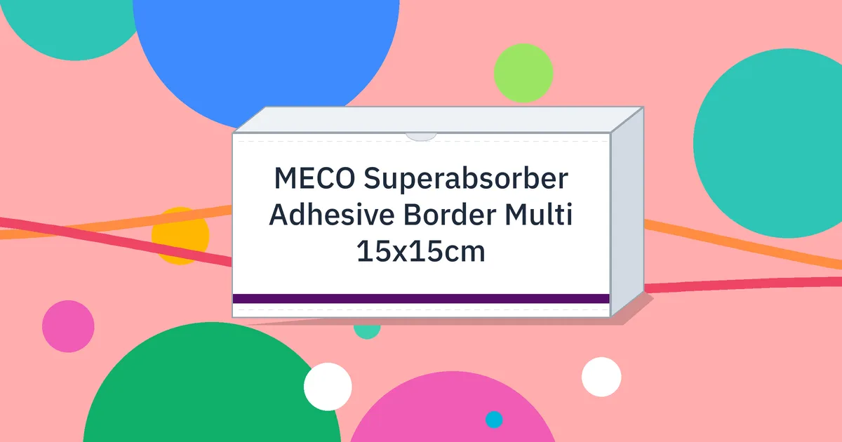 Symbolbild: Packung mit der Aufschrift MECO Superabsorber Adhesive Border Multi 15x15cm (PZN 19264606) – Verfügbarkeit und Bezug in Apotheken in Frankfurt am Main