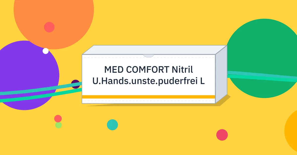 Symbolbild: Packung mit der Aufschrift MED COMFORT Nitril U.Hands.unste.puderfrei L (PZN 15582692) – Verfügbarkeit und Bezug in Apotheken in Frankfurt am Main