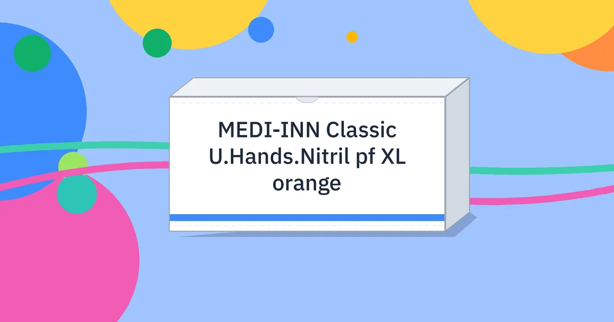 Symbolbild: Packung mit der Aufschrift MEDI-INN Classic U.Hands.Nitril pf XL orange (PZN 18854375) – Verfügbarkeit und Bezug in Apotheken in Frankfurt am Main