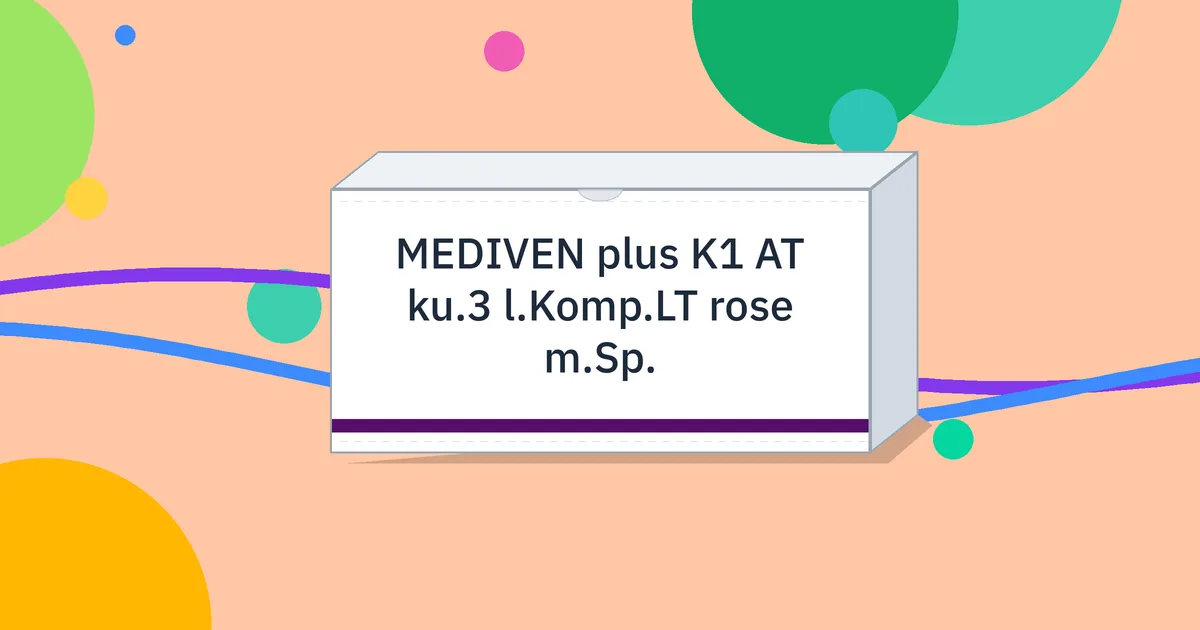 Symbolbild: Packung mit der Aufschrift MEDIVEN plus K1 AT ku.3 l.Komp.LT rose m.Sp. (PZN 15029280) – Verfügbarkeit und Bezug in Apotheken in Frankfurt am Main
