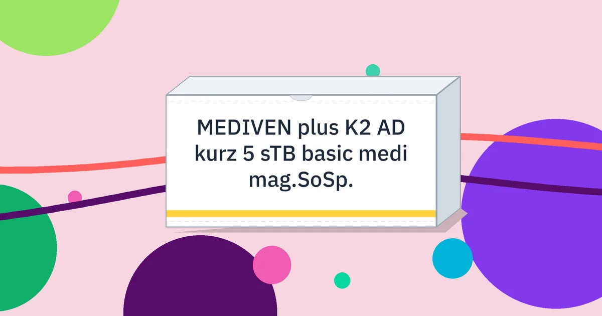 Symbolbild: Packung mit der Aufschrift MEDIVEN plus K2 AD kurz 5 sTB basic medi mag.SoSp. (PZN 15100049) – Verfügbarkeit und Bezug in Apotheken in Frankfurt am Main