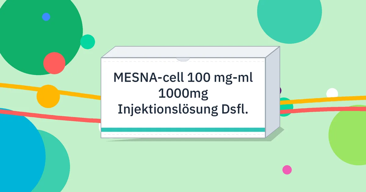 Symbolbild: Packung mit der Aufschrift MESNA-cell 100 mg-ml 1000mg Injektionslösung Dsfl. (PZN 03194766) – Verfügbarkeit und Bezug in Apotheken in Frankfurt am Main