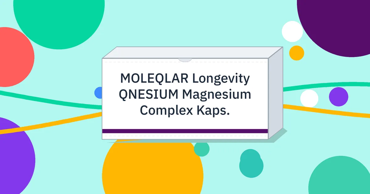 Symbolbild: Packung mit der Aufschrift MOLEQLAR Longevity QNESIUM Magnesium Complex Kaps. (PZN 19488760) – Verfügbarkeit und Bezug in Apotheken in Frankfurt am Main