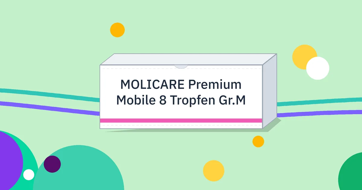 Symbolbild: Packung mit der Aufschrift MOLICARE Premium Mobile 8 Tropfen Gr.M (PZN 17936556) – Verfügbarkeit und Bezug in Apotheken in Frankfurt am Main