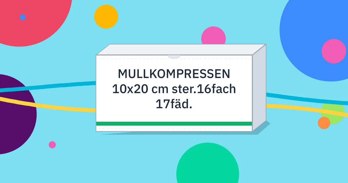 Symbolbild: Packung mit der Aufschrift MULLKOMPRESSEN 10x20 cm ster.16fach 17fäd. (PZN 06931627) – Verfügbarkeit und Bezug in Apotheken in Frankfurt am Main
