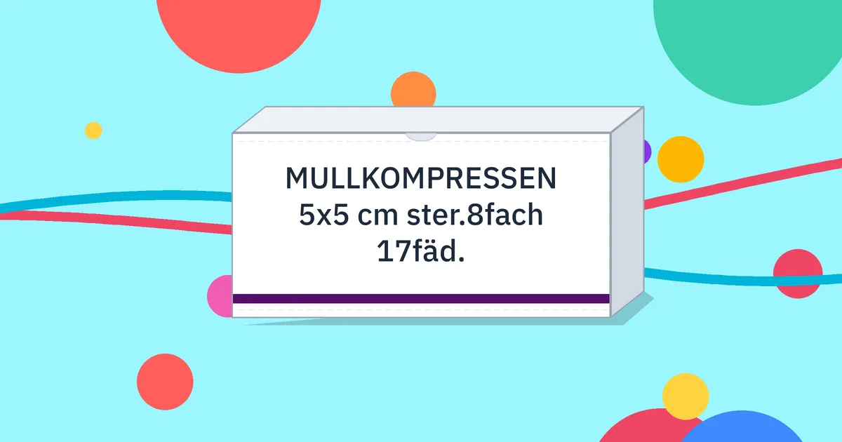 Symbolbild: Packung mit der Aufschrift MULLKOMPRESSEN 5x5 cm ster.8fach 17fäd. (PZN 06929056) – Verfügbarkeit und Bezug in Apotheken in Frankfurt am Main