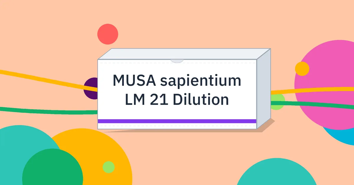 Symbolbild: Packung mit der Aufschrift MUSA sapientium LM 21 Dilution (PZN 13611780) – Verfügbarkeit und Bezug in Apotheken in Frankfurt am Main