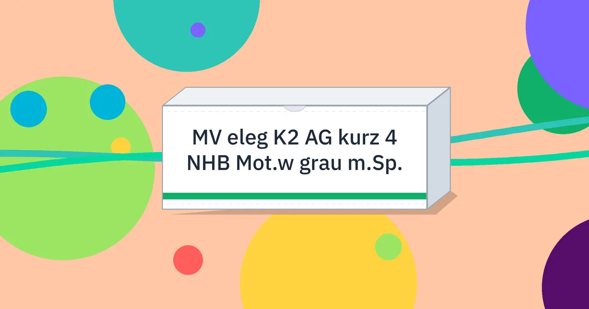 Symbolbild: Packung mit der Aufschrift MV eleg K2 AG kurz 4 NHB Mot.w grau m.Sp. (PZN 18927878) – Verfügbarkeit und Bezug in Apotheken in Frankfurt am Main