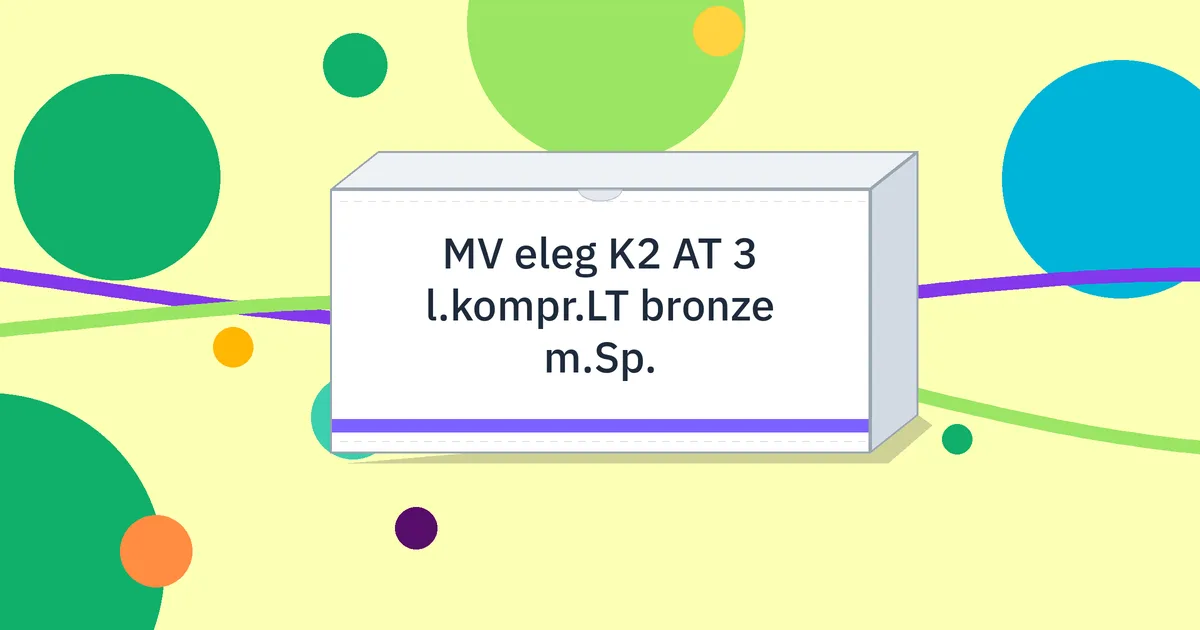 Symbolbild: Packung mit der Aufschrift MV eleg K2 AT 3 l.kompr.LT bronze m.Sp. (PZN 15285103) – Verfügbarkeit und Bezug in Apotheken in Frankfurt am Main