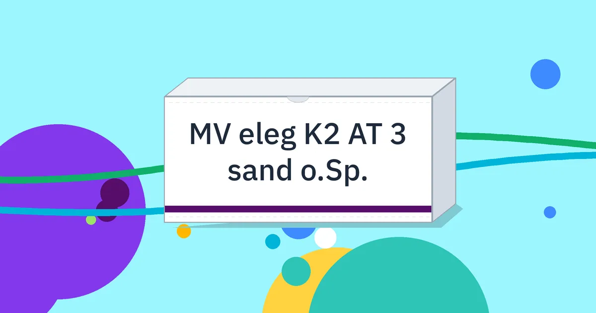 Symbolbild: Packung mit der Aufschrift MV eleg K2 AT 3 sand o.Sp. (PZN 18922786) – Verfügbarkeit und Bezug in Apotheken in Frankfurt am Main
