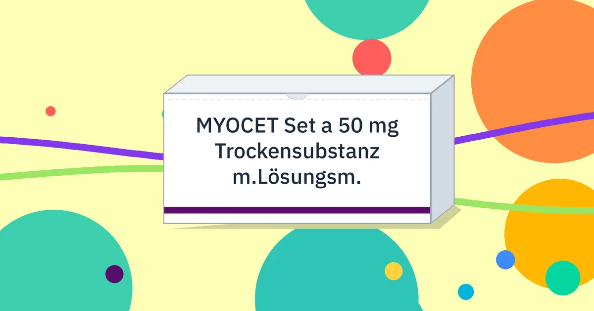 Symbolbild: Packung mit der Aufschrift MYOCET Set a 50 mg Trockensubstanz m.Lösungsm. (PZN 09948195) – Verfügbarkeit und Bezug in Apotheken in Frankfurt am Main