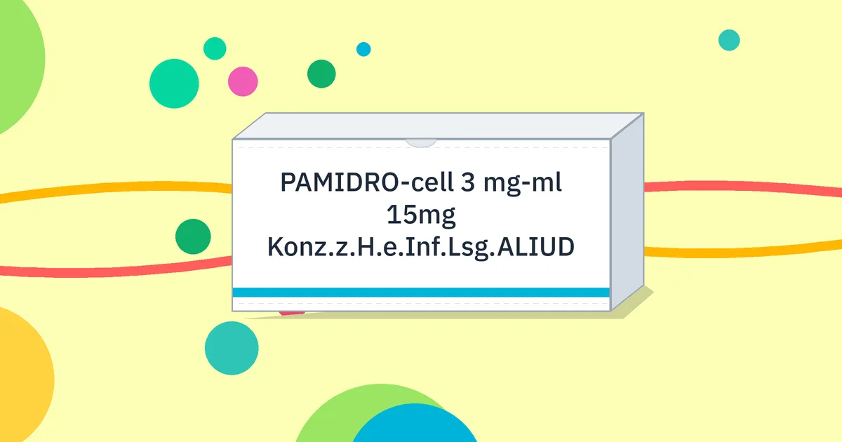Symbolbild: Packung mit der Aufschrift PAMIDRO-cell 3 mg-ml 15mg Konz.z.H.e.Inf.Lsg.ALIUD (PZN 13838880) – Verfügbarkeit und Bezug in Apotheken in Frankfurt am Main