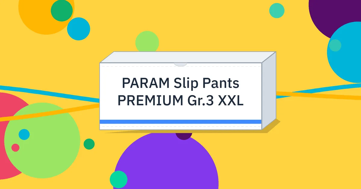 Symbolbild: Packung mit der Aufschrift PARAM Slip Pants PREMIUM Gr.3 XXL (PZN 19210970) – Verfügbarkeit und Bezug in Apotheken in Frankfurt am Main