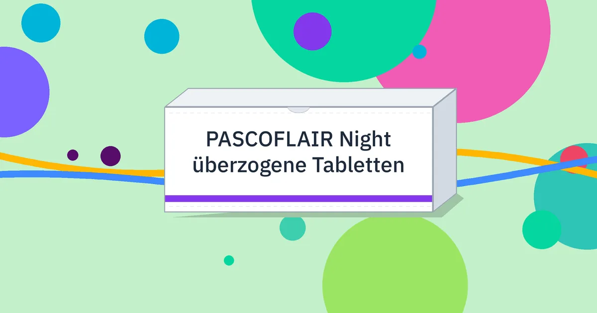 Symbolbild: Packung mit der Aufschrift PASCOFLAIR Night überzogene Tabletten (PZN 16708936) – Verfügbarkeit und Bezug in Apotheken in Frankfurt am Main