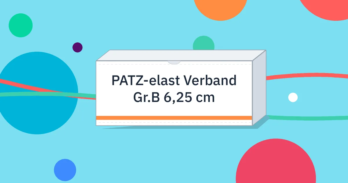 Symbolbild: Packung mit der Aufschrift PATZ-elast Verband Gr.B 6,25 cm (PZN 06815186) – Verfügbarkeit und Bezug in Apotheken in Frankfurt am Main