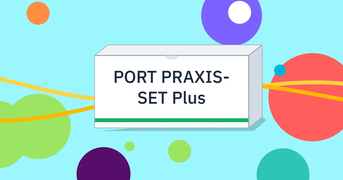 Symbolbild: Packung mit der Aufschrift PORT PRAXIS-SET Plus (PZN 18220475) – Verfügbarkeit und Bezug in Apotheken in Frankfurt am Main