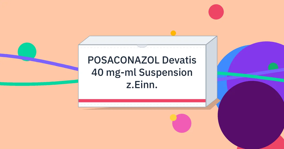 Symbolbild: Packung mit der Aufschrift POSACONAZOL Devatis 40 mg-ml Suspension z.Einn. (PZN 16139941) – Verfügbarkeit und Bezug in Apotheken in Frankfurt am Main