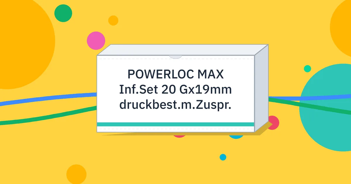 Symbolbild: Packung mit der Aufschrift POWERLOC MAX Inf.Set 20 Gx19mm druckbest.m.Zuspr. (PZN 18816305) – Verfügbarkeit und Bezug in Apotheken in Frankfurt am Main