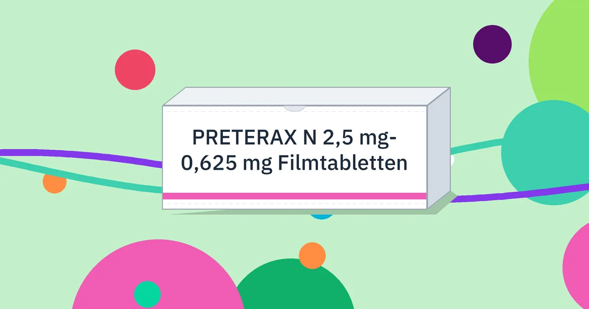 Symbolbild: Packung mit der Aufschrift PRETERAX N 2,5 mg-0,625 mg Filmtabletten (PZN 07667629) – Verfügbarkeit und Bezug in Apotheken in Frankfurt am Main