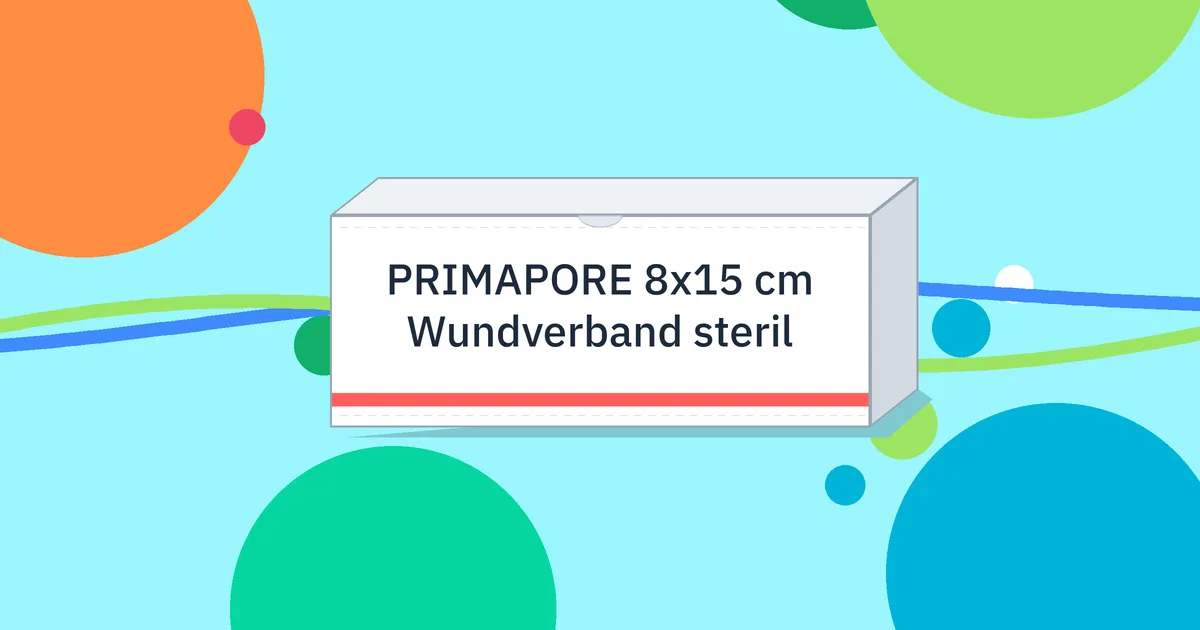 Symbolbild: Packung mit der Aufschrift PRIMAPORE 8x15 cm Wundverband steril (PZN 09204655) – Verfügbarkeit und Bezug in Apotheken in Frankfurt am Main