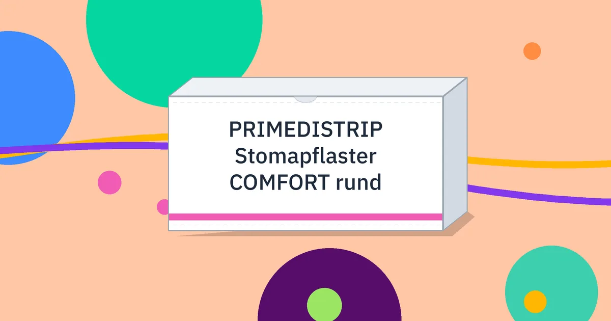Symbolbild: Packung mit der Aufschrift PRIMEDISTRIP Stomapflaster COMFORT rund (PZN 11522196) – Verfügbarkeit und Bezug in Apotheken in Frankfurt am Main