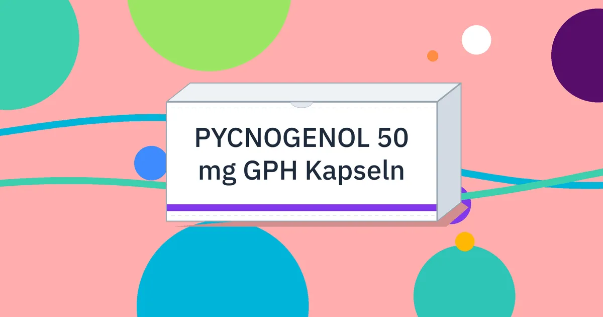 Symbolbild: Packung mit der Aufschrift PYCNOGENOL 50 mg GPH Kapseln (PZN 09188092) – Verfügbarkeit und Bezug in Apotheken in Frankfurt am Main