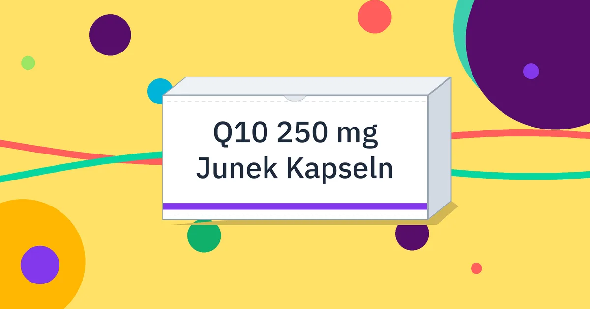 Symbolbild: Packung mit der Aufschrift Q10 250 mg Junek Kapseln (PZN 09720753) – Verfügbarkeit und Bezug in Apotheken in Frankfurt am Main