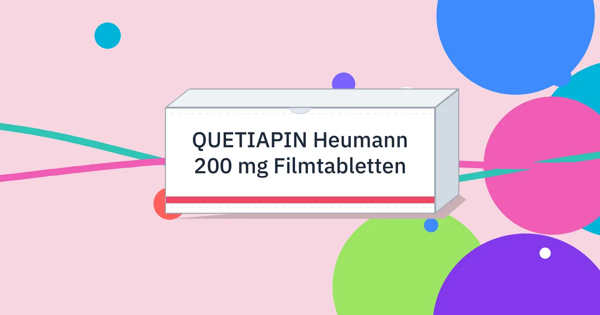 Symbolbild: Packung mit der Aufschrift QUETIAPIN Heumann 200 mg Filmtabletten (PZN 08850726) – Verfügbarkeit und Bezug in Apotheken in Frankfurt am Main