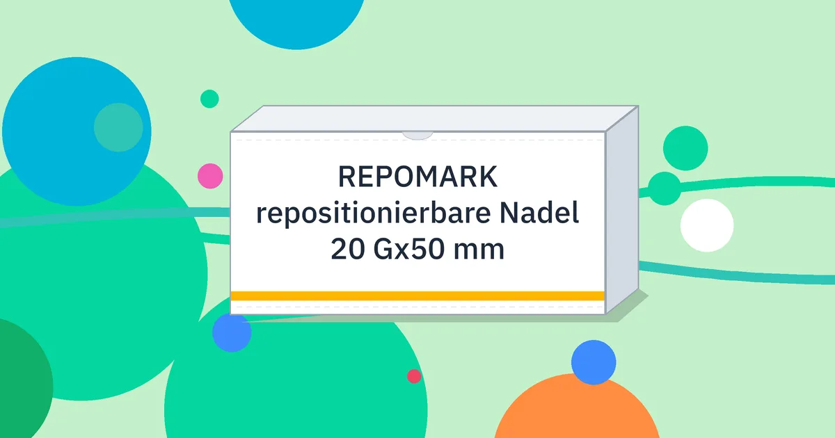 Symbolbild: Packung mit der Aufschrift REPOMARK repositionierbare Nadel 20 Gx50 mm (PZN 19736850) – Verfügbarkeit und Bezug in Apotheken in Frankfurt am Main