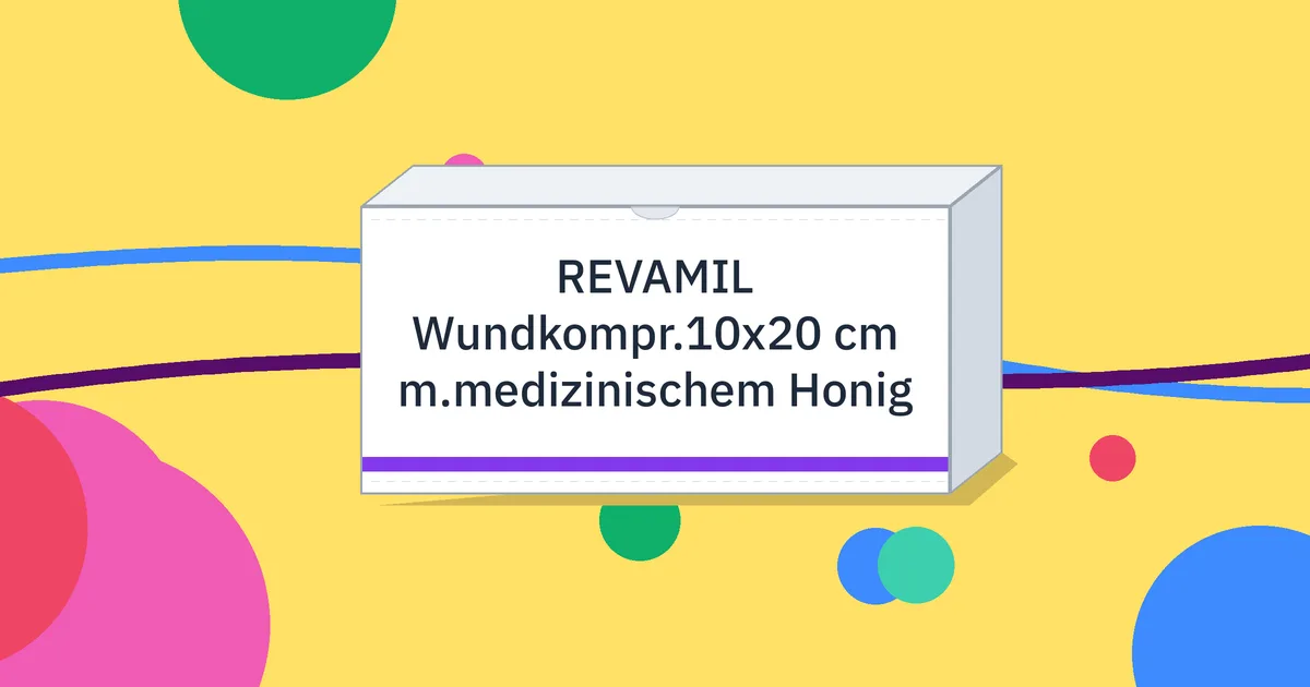 Symbolbild: Packung mit der Aufschrift REVAMIL Wundkompr.10x20 cm m.medizinischem Honig (PZN 18038084) – Verfügbarkeit und Bezug in Apotheken in Frankfurt am Main