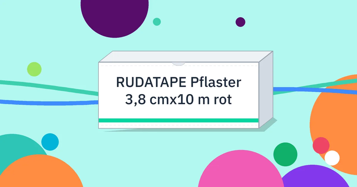 Symbolbild: Packung mit der Aufschrift RUDATAPE Pflaster 3,8 cmx10 m rot (PZN 15893191) – Verfügbarkeit und Bezug in Apotheken in Frankfurt am Main