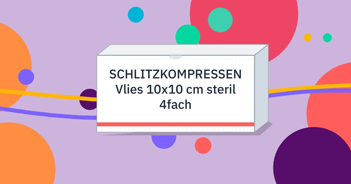 Symbolbild: Packung mit der Aufschrift SCHLITZKOMPRESSEN Vlies 10x10 cm steril 4fach (PZN 01364661) – Verfügbarkeit und Bezug in Apotheken in Frankfurt am Main