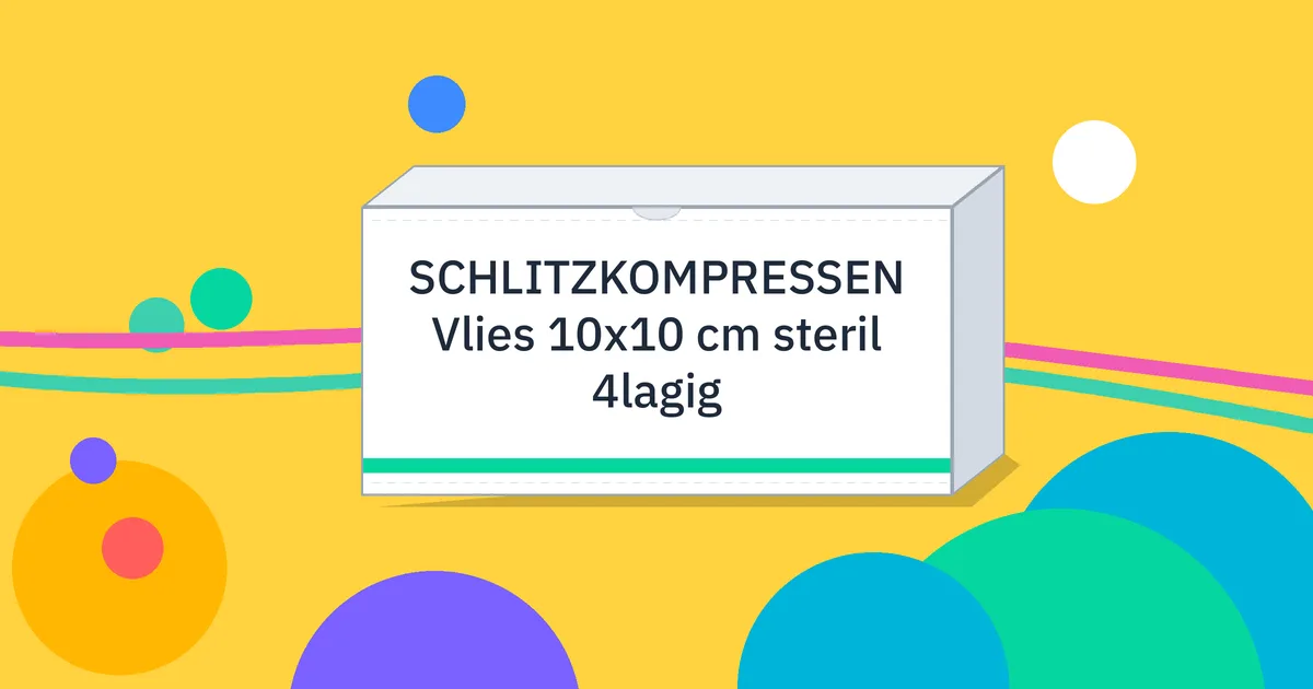 Symbolbild: Packung mit der Aufschrift SCHLITZKOMPRESSEN Vlies 10x10 cm steril 4lagig (PZN 17549701) – Verfügbarkeit und Bezug in Apotheken in Frankfurt am Main