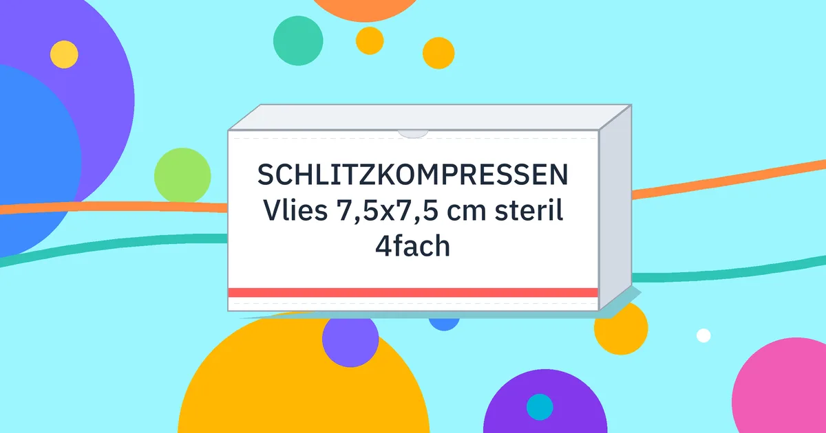 Symbolbild: Packung mit der Aufschrift SCHLITZKOMPRESSEN Vlies 7,5x7,5 cm steril 4fach (PZN 15384265) – Verfügbarkeit und Bezug in Apotheken in Frankfurt am Main