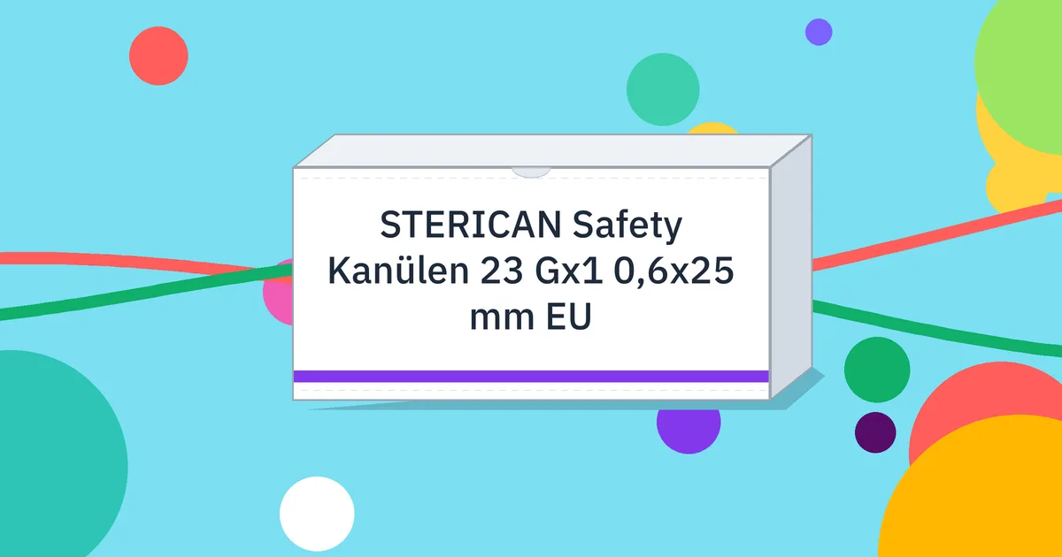 Symbolbild: Packung mit der Aufschrift STERICAN Safety Kanülen 23 Gx1 0,6x25 mm EU (PZN 15746490) – Verfügbarkeit und Bezug in Apotheken in Frankfurt am Main