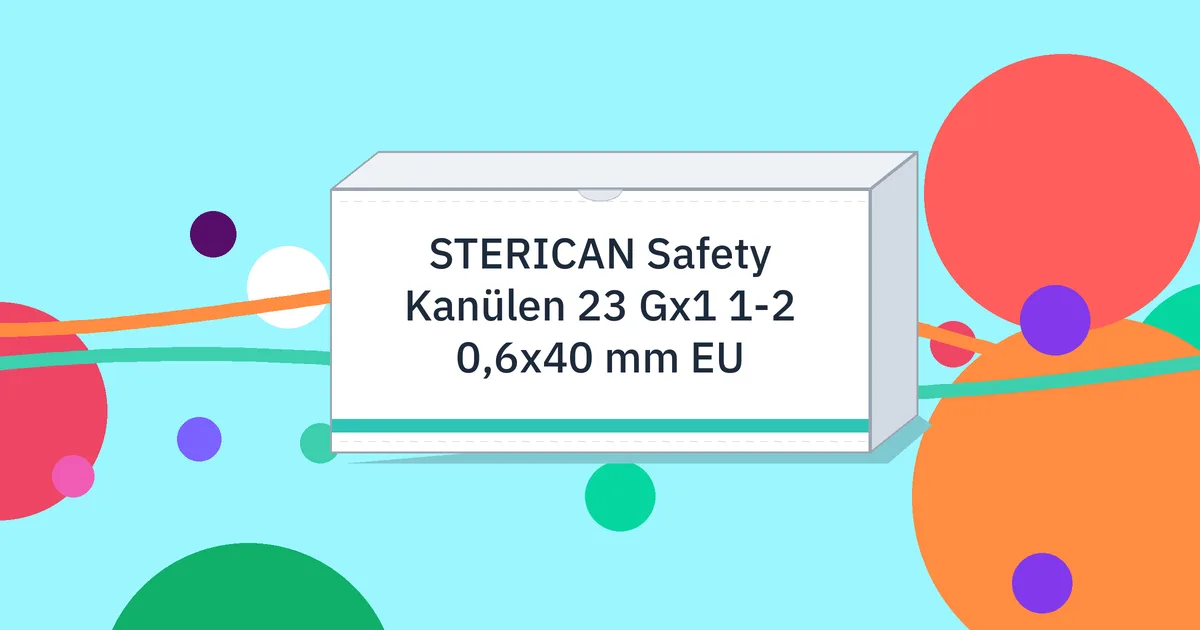 Symbolbild: Packung mit der Aufschrift STERICAN Safety Kanülen 23 Gx1 1-2 0,6x40 mm EU (PZN 13353823) – Verfügbarkeit und Bezug in Apotheken in Frankfurt am Main